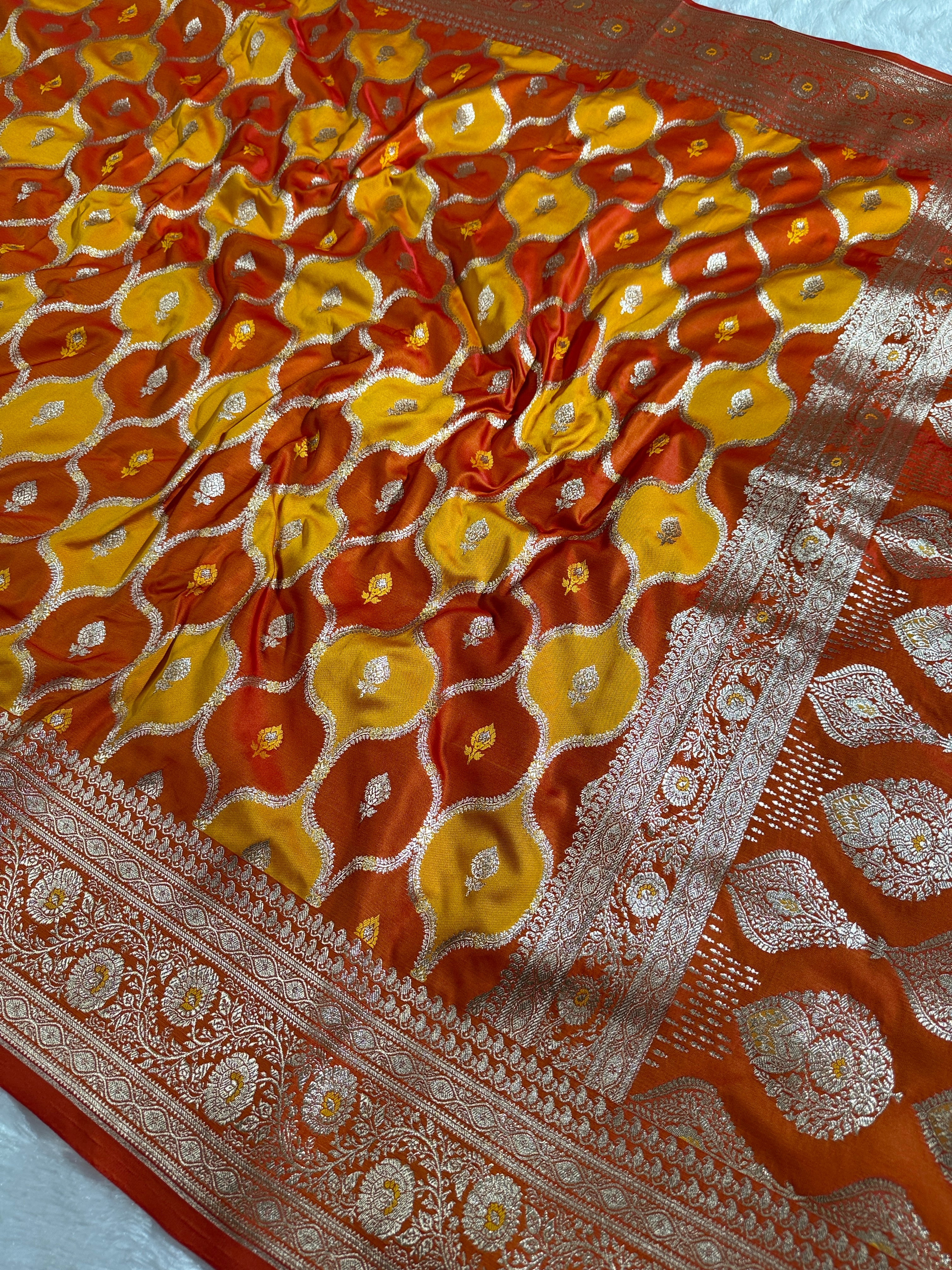 Yellow and Orange Rangkaat Banarasi Mashru Silk Saree with Jacquard Wo ...